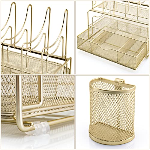 ROCDEER Gold File Desk Organizer with Drawer and File Folder Sorter, Desktop Paper Organizer for Desk Countertop Cabinet Office supplies