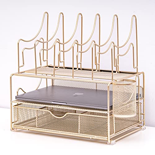 ROCDEER Gold File Desk Organizer with Drawer and File Folder Sorter, Desktop Paper Organizer for Desk Countertop Cabinet Office supplies