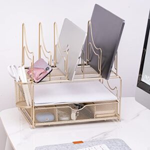 ROCDEER Gold File Desk Organizer with Drawer and File Folder Sorter, Desktop Paper Organizer for Desk Countertop Cabinet Office supplies