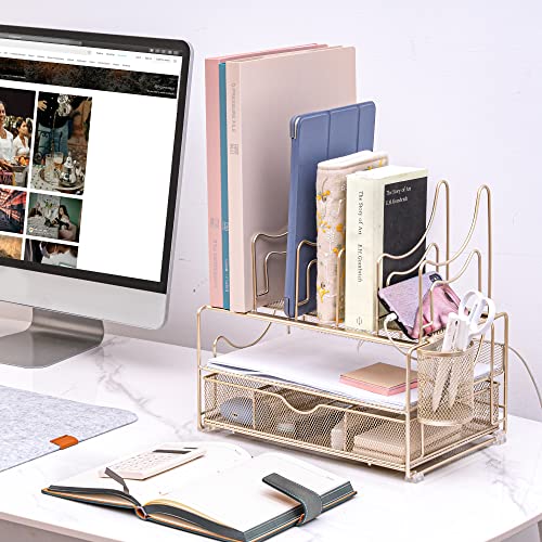 ROCDEER Gold File Desk Organizer with Drawer and File Folder Sorter, Desktop Paper Organizer for Desk Countertop Cabinet Office supplies