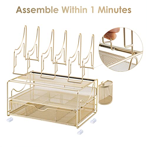 ROCDEER Gold File Desk Organizer with Drawer and File Folder Sorter, Desktop Paper Organizer for Desk Countertop Cabinet Office supplies