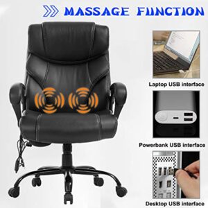 Big and Tall Office Chair Ergonomic Computer Chair 400lbs Heavy Duty Metal Base Massage Desk Chair with Lumbar Support Arms High Back PU Leather Office Chair,Black