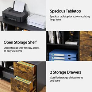 Yaheetech 2 Drawer Lateral File Cabinets with 4 Open Storage Shelves for Letter Size A4 Size, Mobile Large Filing Cabinet Printer Stand on Wheels for Home Office Black/Rustic Brown