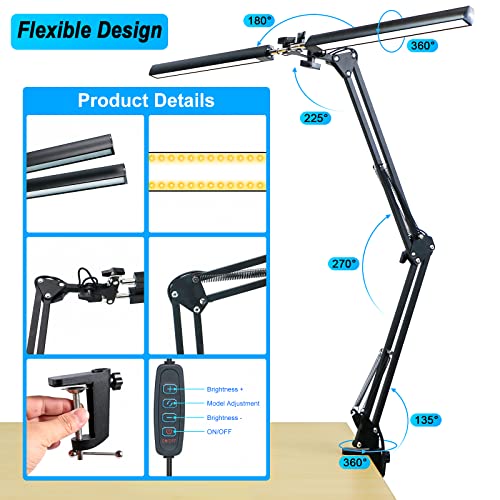 Double Head LED Desk Lamp, Swing Arm Desk Light with Clamp & Adapter, Architect LED Desk Lamps, Eye-Caring Table Lamp with 3 Color Modes & 10 Brightness Levels, Adjustable Desk Lamp for Home or Office