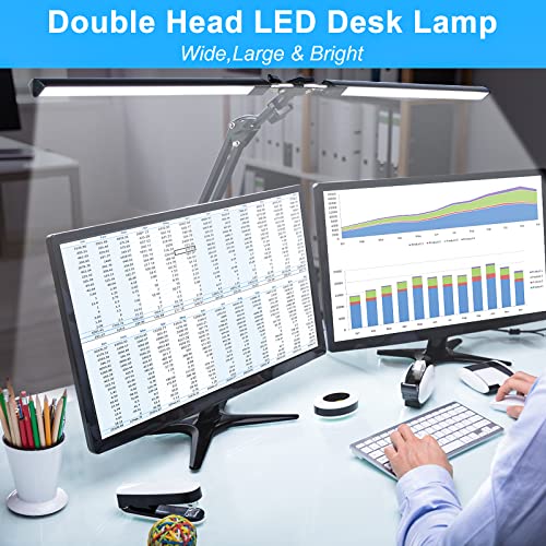 Double Head LED Desk Lamp, Swing Arm Desk Light with Clamp & Adapter, Architect LED Desk Lamps, Eye-Caring Table Lamp with 3 Color Modes & 10 Brightness Levels, Adjustable Desk Lamp for Home or Office