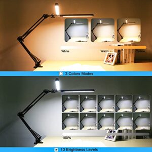 Double Head LED Desk Lamp, Swing Arm Desk Light with Clamp & Adapter, Architect LED Desk Lamps, Eye-Caring Table Lamp with 3 Color Modes & 10 Brightness Levels, Adjustable Desk Lamp for Home or Office