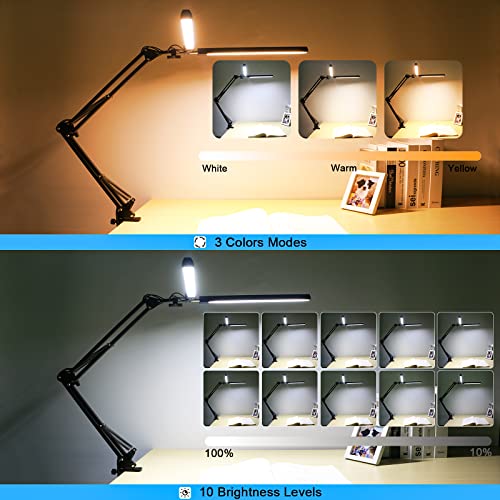 Double Head LED Desk Lamp, Swing Arm Desk Light with Clamp & Adapter, Architect LED Desk Lamps, Eye-Caring Table Lamp with 3 Color Modes & 10 Brightness Levels, Adjustable Desk Lamp for Home or Office