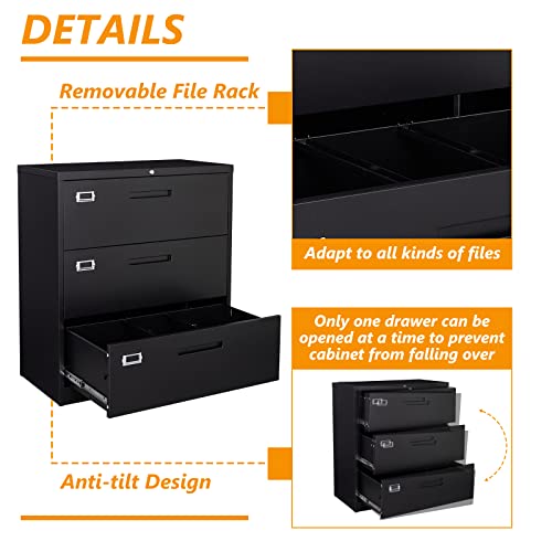 STANI Lateral File Cabinet with Lock, 3 Drawer Metal Filing Cabinet, Lateral Filing Cabinet with Lock for Home Office, Locking Metal Steel Wide File Cabinet for Legal/Letter A4 Size