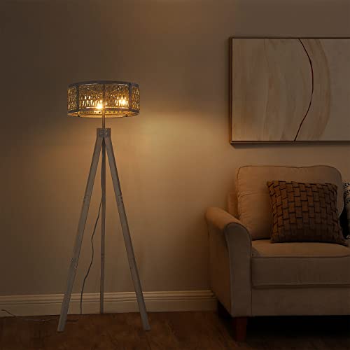 Zhizenl Wood Tripod Floor Lamp, Mid Century Standing Lamp with Rattan Lampshade, 40W E26 Farmhouse Modern Floor Lamp for Living Room, Bedroom, Study, Office