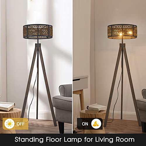 Zhizenl Wood Tripod Floor Lamp, Mid Century Standing Lamp with Rattan Lampshade, 40W E26 Farmhouse Modern Floor Lamp for Living Room, Bedroom, Study, Office