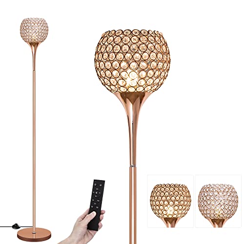 bodkar Crystal Floor Lamp Rose Gold, Remote Control Modern Standing Lamp for Living Room, Bedroom (with Bulb)