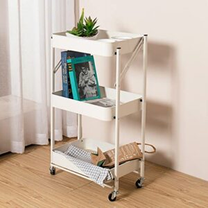 Ruishetop Foldable 3-Tier Metal Utility Rolling Cart with Wheels, Easy Assembly Folding Mobile Multi-Function Storage Organizer Cart for Home Office Kitchen Outdoor (White)