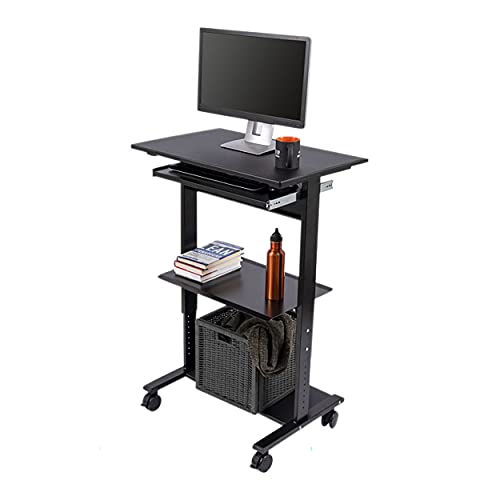 Stand Up Desk Store Mobile Rolling Adjustable Height Standing Workstation with Printer Shelf and Slideout Keyboard Tray (Black Frame/Black Top, 30" Wide)