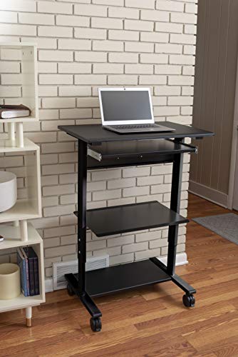 Stand Up Desk Store Mobile Rolling Adjustable Height Standing Workstation with Printer Shelf and Slideout Keyboard Tray (Black Frame/Black Top, 30" Wide)