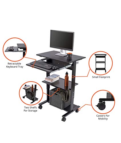 Stand Up Desk Store Mobile Rolling Adjustable Height Standing Workstation with Printer Shelf and Slideout Keyboard Tray (Black Frame/Black Top, 30" Wide)