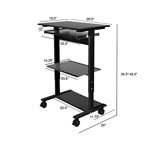 Stand Up Desk Store Mobile Rolling Adjustable Height Standing Workstation with Printer Shelf and Slideout Keyboard Tray (Black Frame/Black Top, 30" Wide)