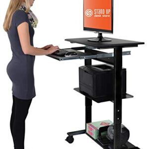 Stand Up Desk Store Mobile Rolling Adjustable Height Standing Workstation with Printer Shelf and Slideout Keyboard Tray (Black Frame/Black Top, 30" Wide)