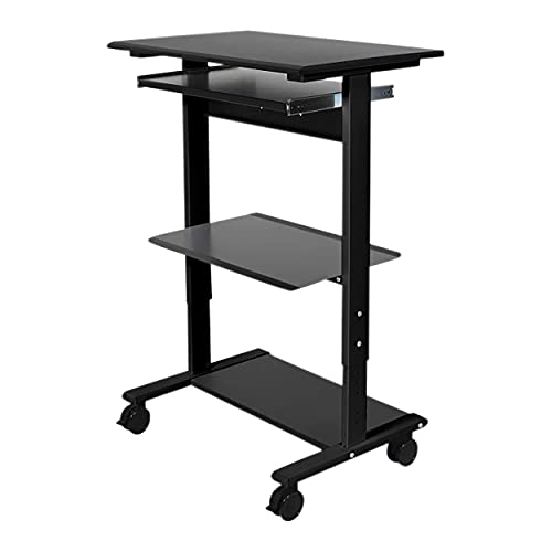 Stand Up Desk Store Mobile Rolling Adjustable Height Standing Workstation with Printer Shelf and Slideout Keyboard Tray (Black Frame/Black Top, 30" Wide)