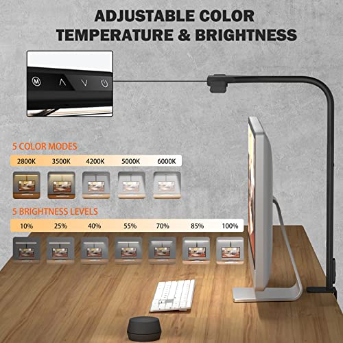 HAMOPY Desk Light, 24W Architect Desk Lamp with USB Charging Port, 2-in-1 Clamp Lamp & Desk Lamp for Home Office, Desk Light with Flexible Gooseneck, 5 Colors & 7 Brightness, Remote Control, Timer