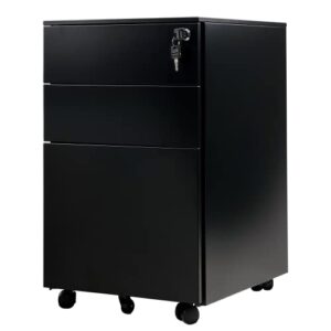 sanoolir locking file cabinet 3 drawer, mobile file cabinet on wheels under desk fits legal/letter/a4 size for home/office (black)