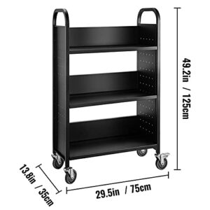 BestEquip Book Cart, 200LBS Library Cart, 49.2''x35.4''x18.9'' Rolling Book Cart, Double Sided W-Shaped Sloped Shelves with Lockable Wheels for Home Shelves Office School Book Truck Black