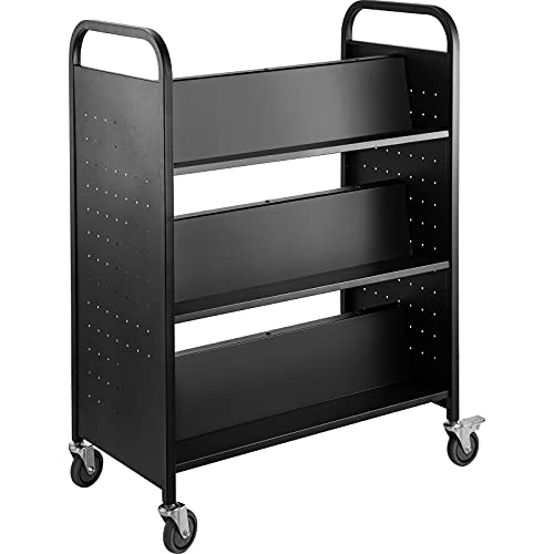 BestEquip Book Cart, 200LBS Library Cart, 49.2''x35.4''x18.9'' Rolling Book Cart, Double Sided W-Shaped Sloped Shelves with Lockable Wheels for Home Shelves Office School Book Truck Black