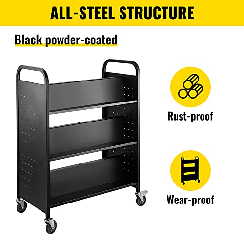 BestEquip Book Cart, 200LBS Library Cart, 49.2''x35.4''x18.9'' Rolling Book Cart, Double Sided W-Shaped Sloped Shelves with Lockable Wheels for Home Shelves Office School Book Truck Black