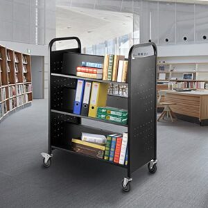 BestEquip Book Cart, 200LBS Library Cart, 49.2''x35.4''x18.9'' Rolling Book Cart, Double Sided W-Shaped Sloped Shelves with Lockable Wheels for Home Shelves Office School Book Truck Black