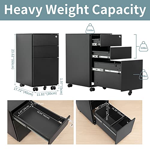 HISTEEL 3 Drawer Vertical File Cabinet,Mobile Filing Cabinet for Legal/Letter/A4 File,11.81" x 17.72" x 23.62", Black