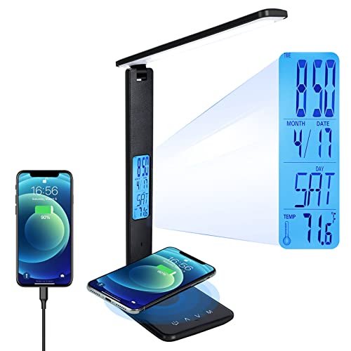 LEDFit LED Desk Lamp with Wireless Charger, Eye-Caring Bedside Lamps with LCD Screen, USB Charging Port, Touch Control, Adjustable Table Lamp with Clock, Date, Temperature for Home Office,Black