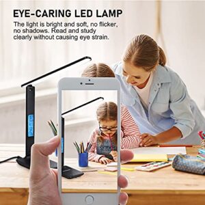 LEDFit LED Desk Lamp with Wireless Charger, Eye-Caring Bedside Lamps with LCD Screen, USB Charging Port, Touch Control, Adjustable Table Lamp with Clock, Date, Temperature for Home Office,Black