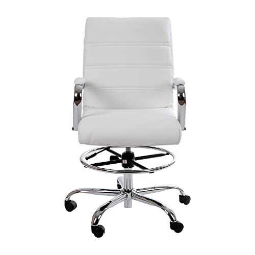 Flash Furniture Adjustable Height Drafting Chair - Contemporary Mid-Back White LeatherSoft Drafting Stool Chair - Adjustable Foot Ring & Chrome Base