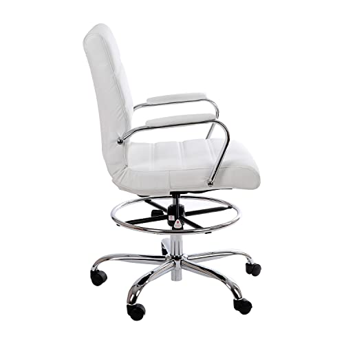 Flash Furniture Adjustable Height Drafting Chair - Contemporary Mid-Back White LeatherSoft Drafting Stool Chair - Adjustable Foot Ring & Chrome Base