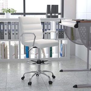 Flash Furniture Adjustable Height Drafting Chair - Contemporary Mid-Back White LeatherSoft Drafting Stool Chair - Adjustable Foot Ring & Chrome Base