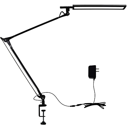 Amzrozky Swing Arm Drafting Table Lamp with Clamp,LED Desk Lamps for Home Office, Eye-Caring Dimmable Workbench Architect Task Lamp, Tiltable LED Panel Head,Touch Control,Memory Function,Black