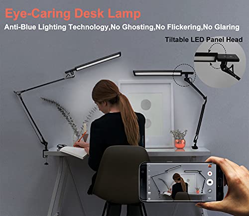 Amzrozky Swing Arm Drafting Table Lamp with Clamp,LED Desk Lamps for Home Office, Eye-Caring Dimmable Workbench Architect Task Lamp, Tiltable LED Panel Head,Touch Control,Memory Function,Black