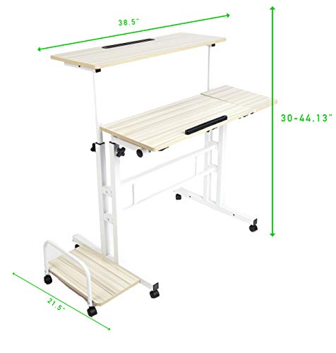 Mind Reader SDROLLXL-WHT Mobile Sitting, Standing Desk Rolling Reversible Home Office Laptop Workstation with Side Storage, Locking Wheels, X-Large, White