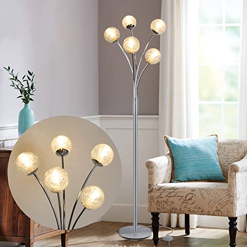 Modern Globe LED Floor Lamps for Living Room-DLLT Standing Lamps with 5 Lights for Bedroom, Tall Pole Tree Accent Lighting for Mid Century, Contemporary Home, G9 Bulb Not Included, Glass Shade Silver