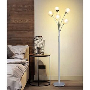 Modern Globe LED Floor Lamps for Living Room-DLLT Standing Lamps with 5 Lights for Bedroom, Tall Pole Tree Accent Lighting for Mid Century, Contemporary Home, G9 Bulb Not Included, Glass Shade Silver