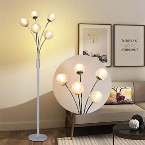 Modern Globe LED Floor Lamps for Living Room-DLLT Standing Lamps with 5 Lights for Bedroom, Tall Pole Tree Accent Lighting for Mid Century, Contemporary Home, G9 Bulb Not Included, Glass Shade Silver