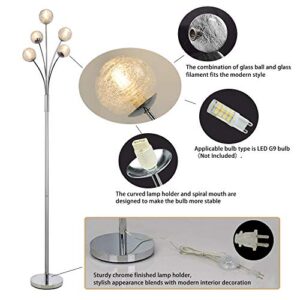 Modern Globe LED Floor Lamps for Living Room-DLLT Standing Lamps with 5 Lights for Bedroom, Tall Pole Tree Accent Lighting for Mid Century, Contemporary Home, G9 Bulb Not Included, Glass Shade Silver