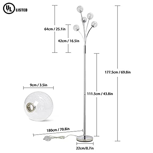 Modern Globe LED Floor Lamps for Living Room-DLLT Standing Lamps with 5 Lights for Bedroom, Tall Pole Tree Accent Lighting for Mid Century, Contemporary Home, G9 Bulb Not Included, Glass Shade Silver