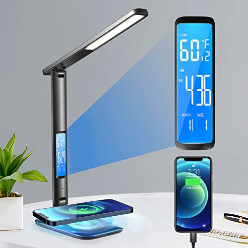 Mubarek LED Desk Lamp with Wireless Charger - Adjustable Bright Desk Lamps for Home Office with USB Charging Port/Clock, LED Desk Lamp for College Dorm Room(Black)