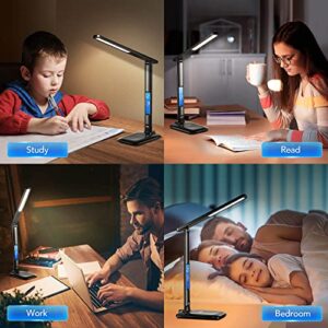 Mubarek LED Desk Lamp with Wireless Charger - Adjustable Bright Desk Lamps for Home Office with USB Charging Port/Clock, LED Desk Lamp for College Dorm Room(Black)