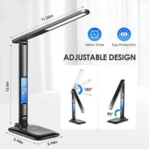 Mubarek LED Desk Lamp with Wireless Charger - Adjustable Bright Desk Lamps for Home Office with USB Charging Port/Clock, LED Desk Lamp for College Dorm Room(Black)