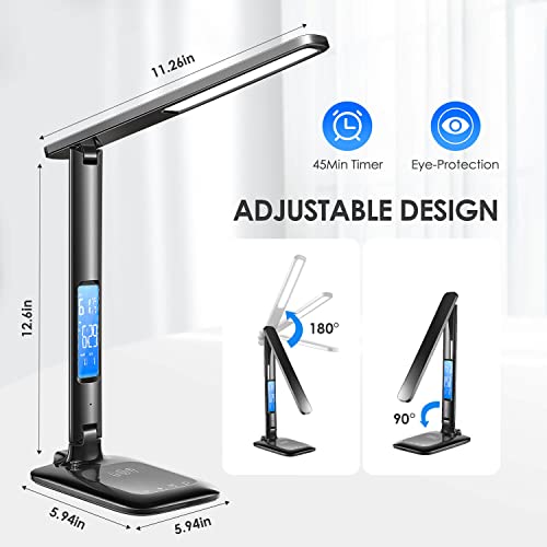 Mubarek LED Desk Lamp with Wireless Charger - Adjustable Bright Desk Lamps for Home Office with USB Charging Port/Clock, LED Desk Lamp for College Dorm Room(Black)