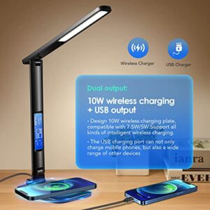 Mubarek LED Desk Lamp with Wireless Charger - Adjustable Bright Desk Lamps for Home Office with USB Charging Port/Clock, LED Desk Lamp for College Dorm Room(Black)