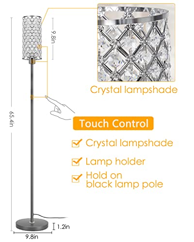 Assemer Touch Crystal Floor Lamp,Modern Sliver Standing Lamps with 3 CCT LED Bulb,Tall Pole Accent Lighting for Living Room,Girl Bedroom,Home Decor,Office