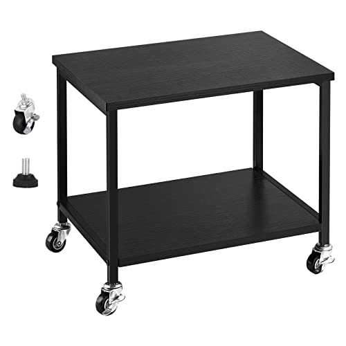 Under Desk Printer Stand, 2 Tier Printer Cart with Wheels and Wood Storage Shelf and Industrial Home Desktop Printer Table Stand for Office Scanner Rustic Black