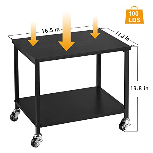 Under Desk Printer Stand, 2 Tier Printer Cart with Wheels and Wood Storage Shelf and Industrial Home Desktop Printer Table Stand for Office Scanner Rustic Black